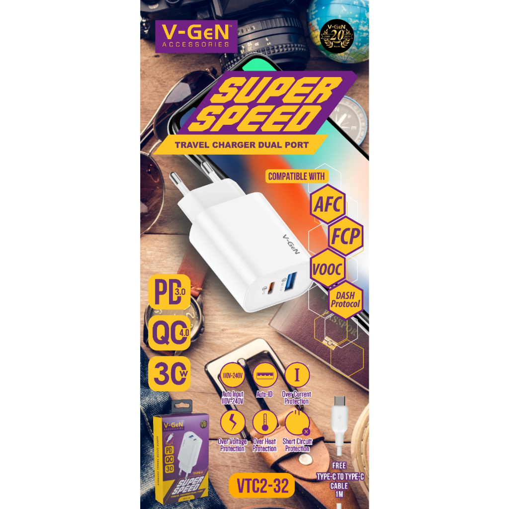 Vtc2-32 (total 2-port Charger (1 USB-A port+1 Type-C port), PD, AFC ...