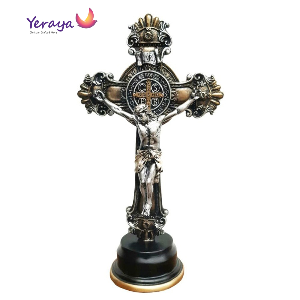 Two Tone Resin Benedict Sitting Jesus Cross 33cm Catholic Cross Display ...