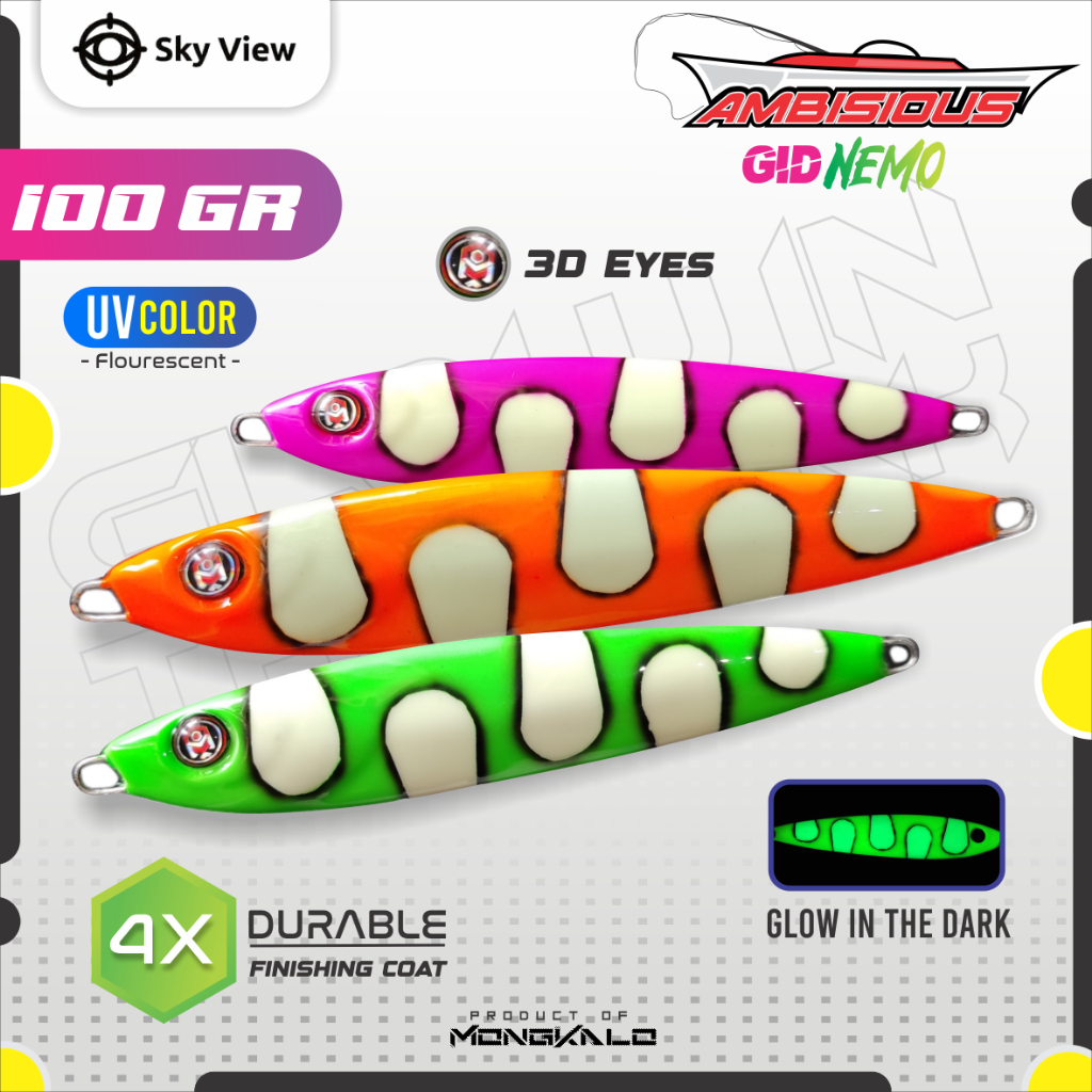 Metal Jig 100 Gram MONGKALO AMBISIOUS Full GID Nemo UV Flourescent Phosphor Bait Metaljig 100g ...