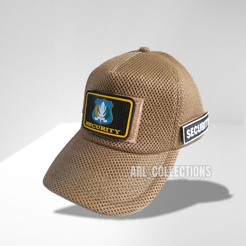 Cream security hat - double mess net hat + 3 security logo rubber ...