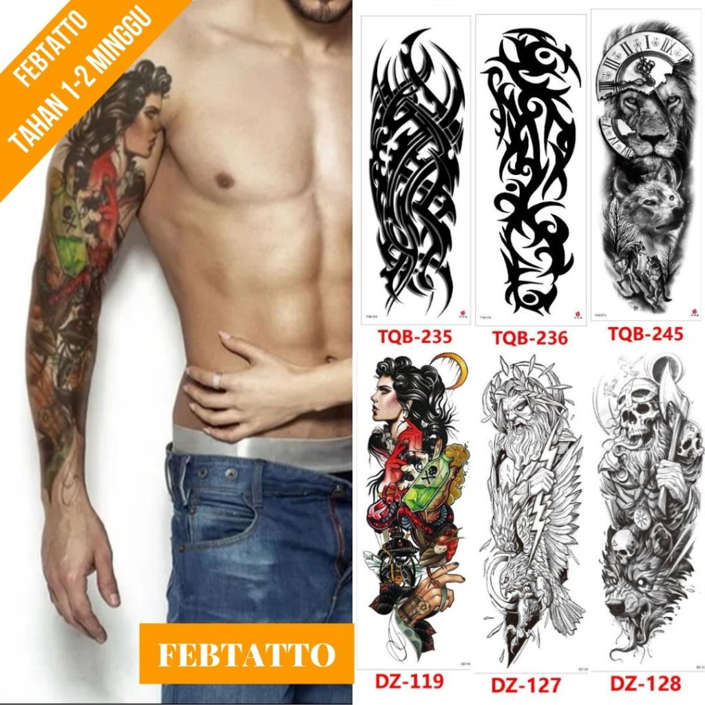 Full Arm Temporary Tattoo Size 17cm x 48cm Women's Motif DZ 119 Long ...