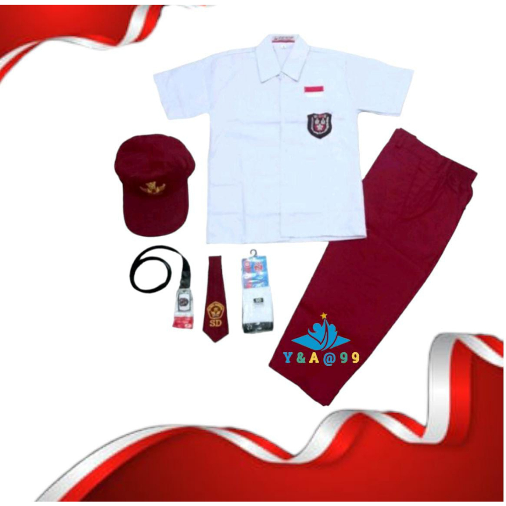 MERAH BOYS' PRIMARY SCHOOL UNIFORM SET RED WHITE SHORT LONG + PLAIN RED HAT | Shopee Malaysia