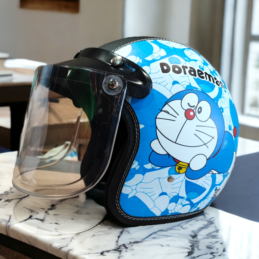 Bogo Helmet Adult Retro Leather Full Neck Women SNI Doraemon Motif Flat ...