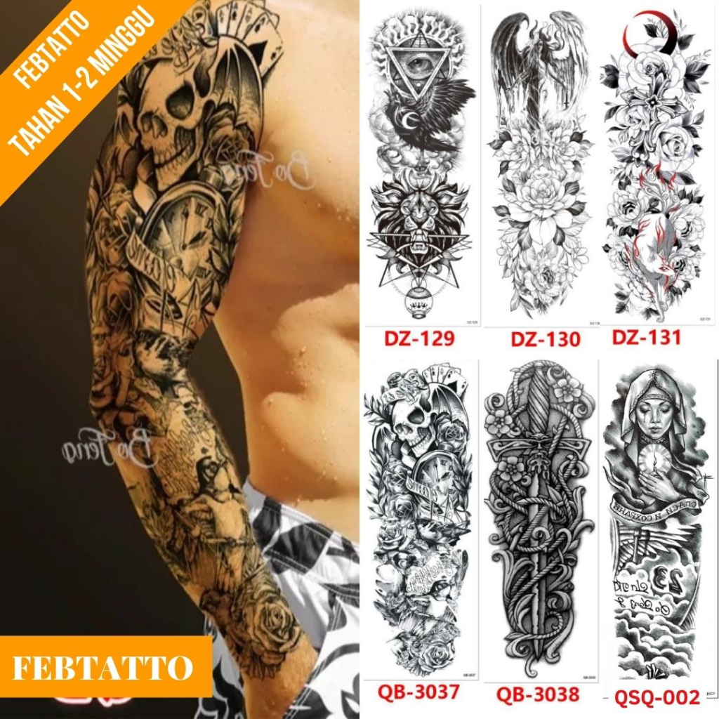 Full Arm Temporary Tattoo Size 17cm x 48cm Skull Motif Flower QB 3037 ...