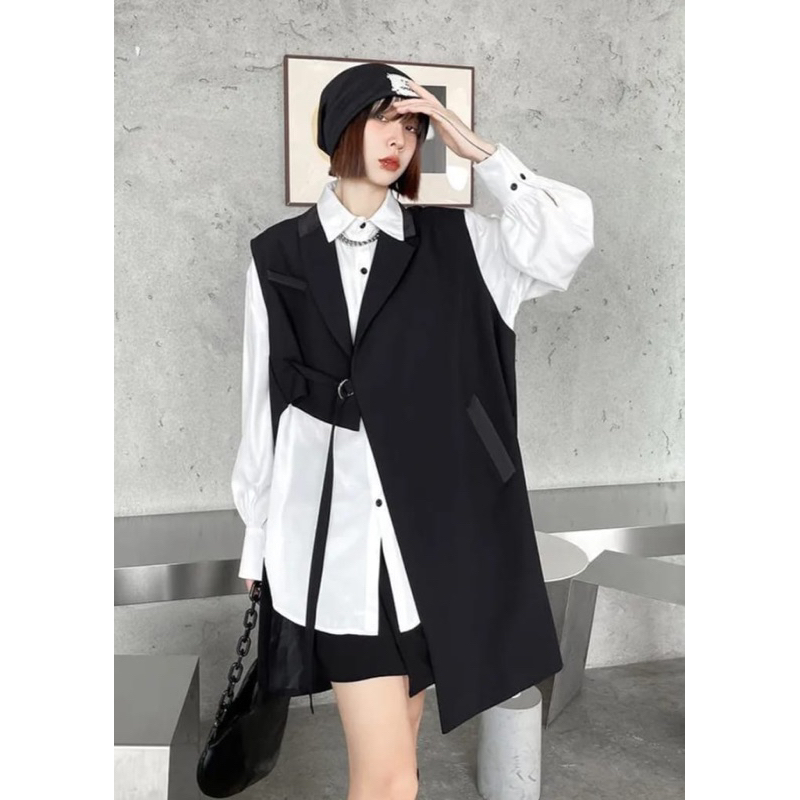 HITAM Plain asymmetric harajuku Zigzag Blazer / korean style vest ...