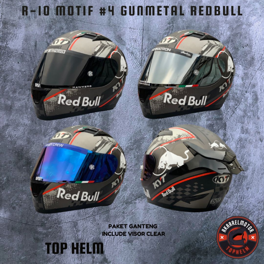 Kyt R10 4 GUNMETAL DOFF/RED REDBULL HELMET | Full FACE HELM KYT R10 4 ...