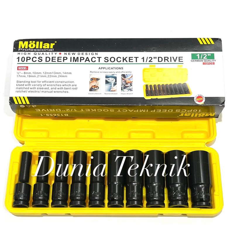 MATA Mollar Deep Impact Socket Set 10 Pcs 1/2" Impact Socket Eyes Long Impact Socket Eyes 8 - 24 ...
