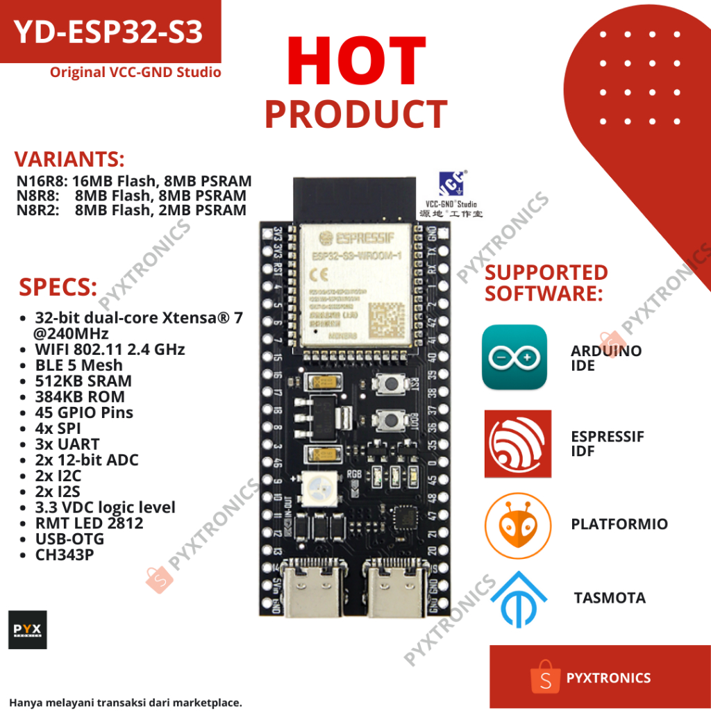 Yd-esp32-s3 DevKitC-1 USB Type C ESP32-S3-WROOM PSRAM by VCC-GND ESP32 S3 - N8R2 | Shopee Malaysia