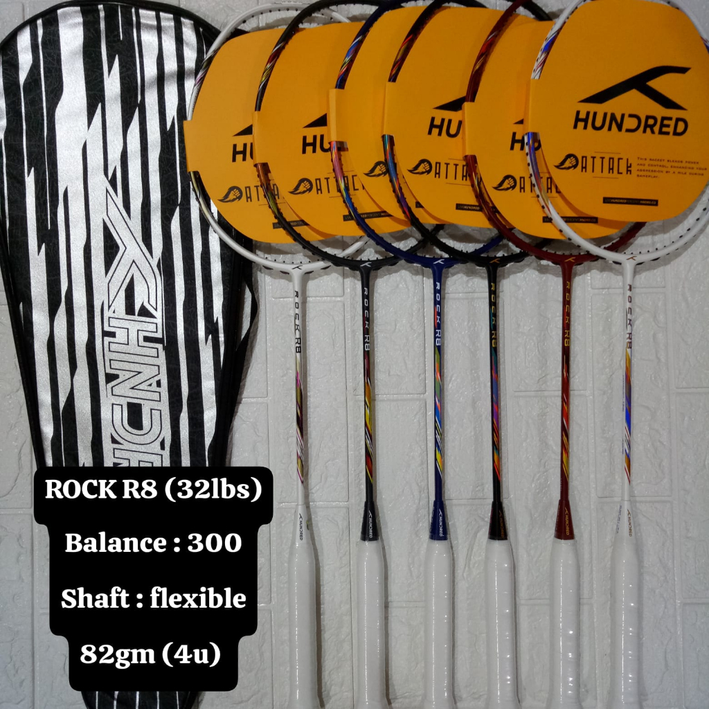 New!! Hundred ROCK R8 BADMINTON RACKET FREE STRINGS + GRIP ORIGINAL 100 ...