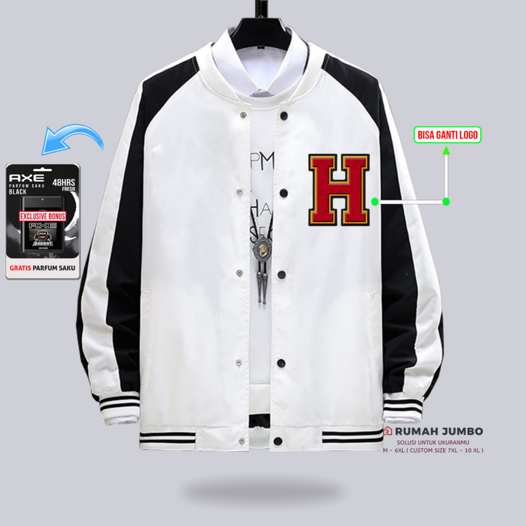 PUTIH HITAM Oversized White Black Raglan Button Varsity Bomber Jacket ...