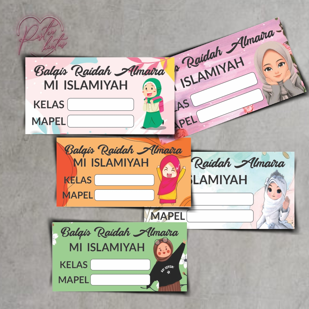 Custom textbook label Sticker with Muslim Girl Theme School Name ...