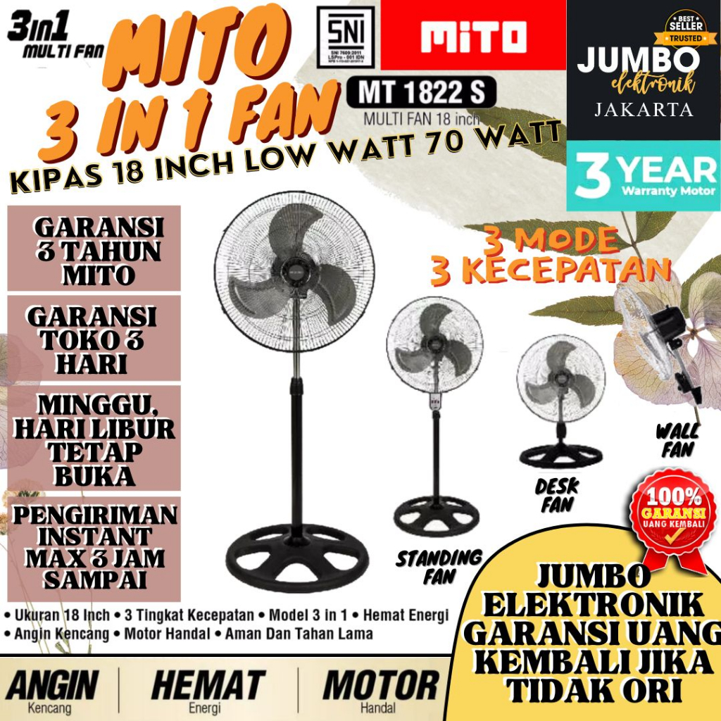 HITAM Mitochiba Fan Mito 3 in 1 MT 1822 SR Remote Black 18 Inch ...