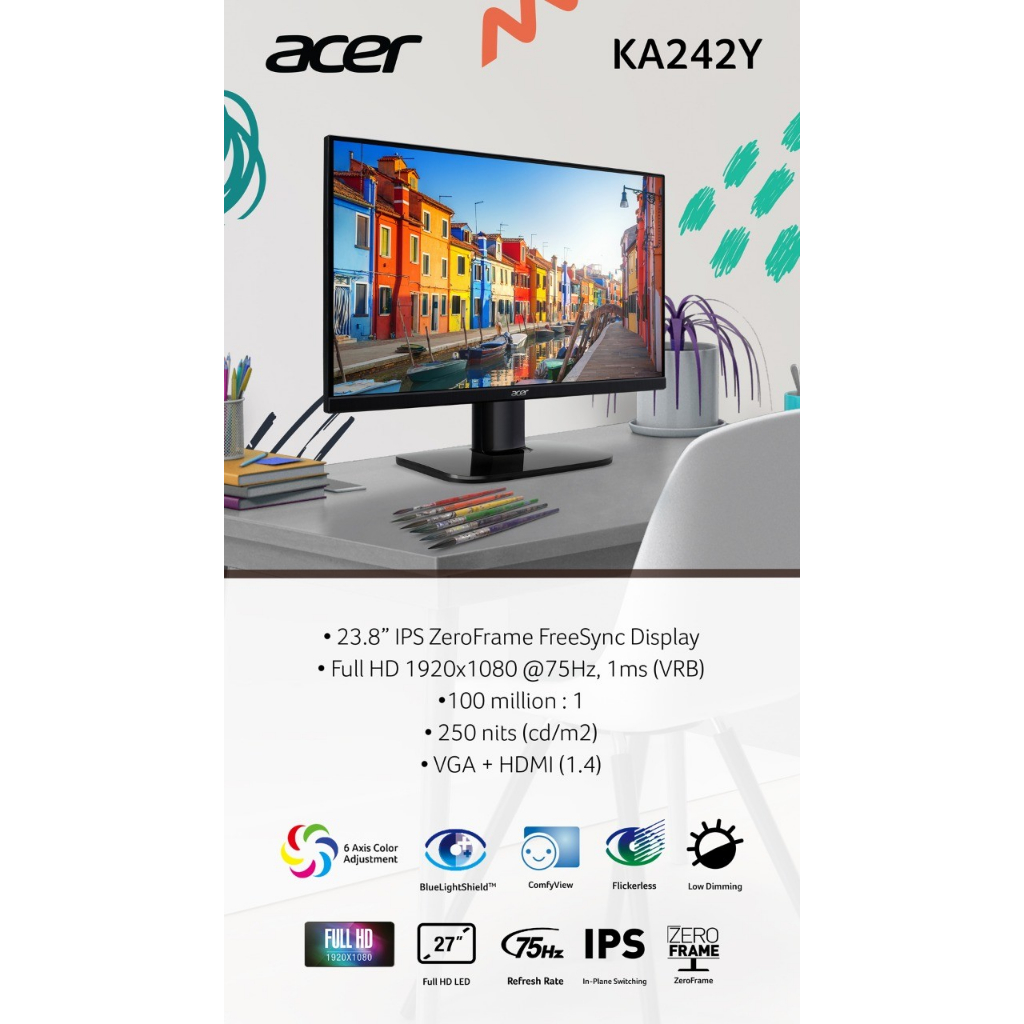ACER KA242Y 23.8 Inch 75Hz Full HD HDMI VGA LED Monitor | Shopee Malaysia
