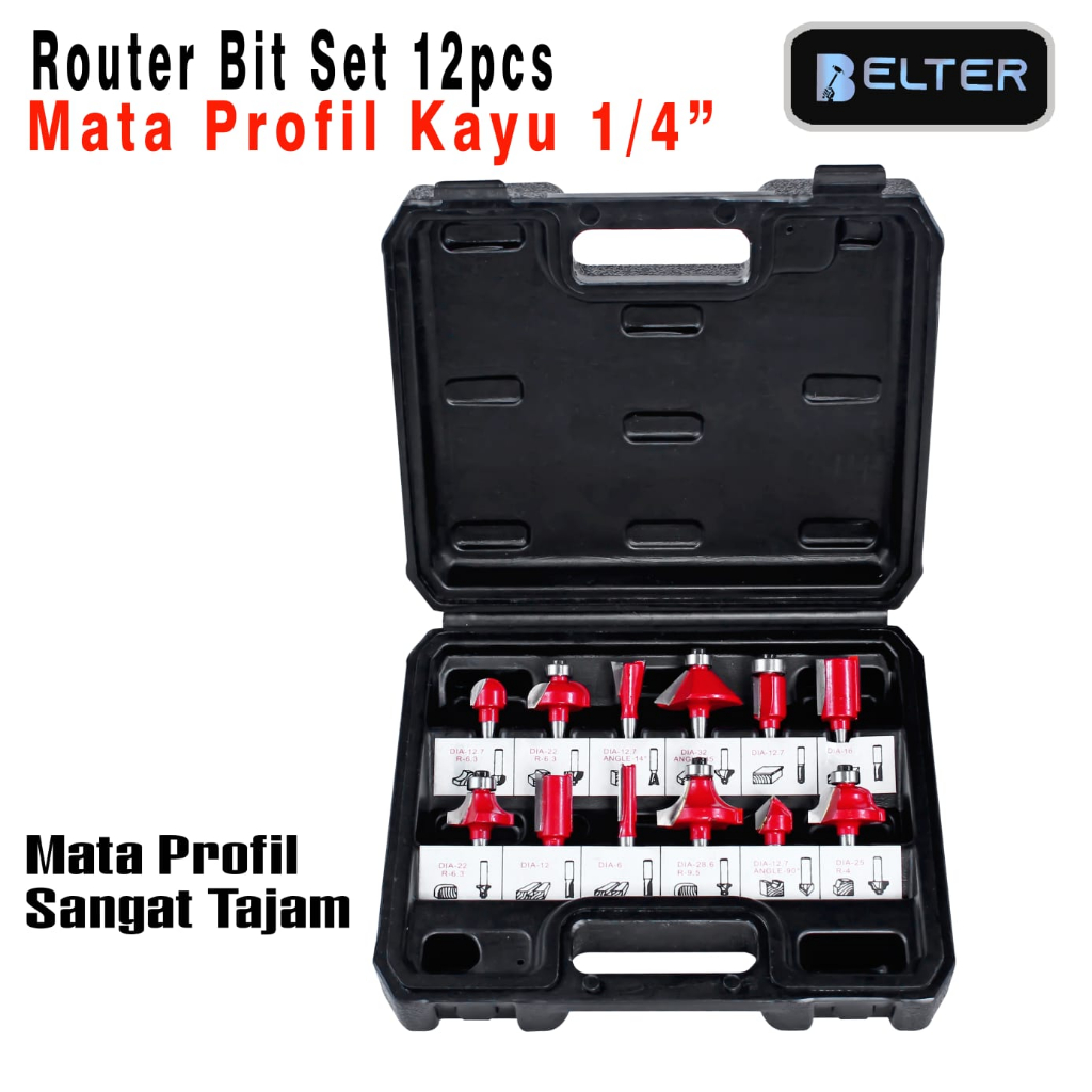 MATA KAYU Belter Eye Profile Set 12pcs Trimmer Router Bits Set 1/4 ...