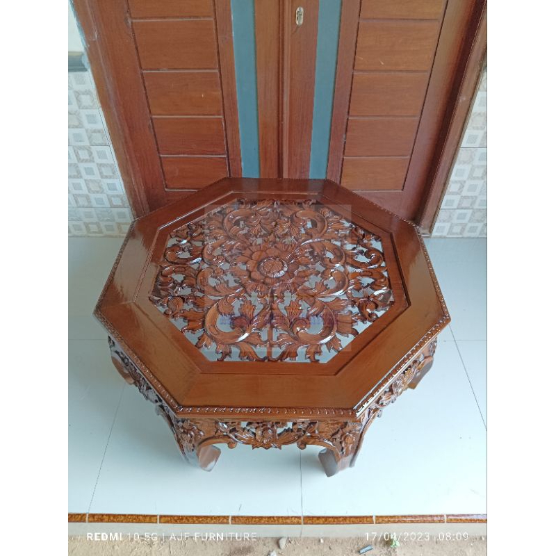 KAYU Teak wood lesehan table / 8-sided round ketapang table / carved ...