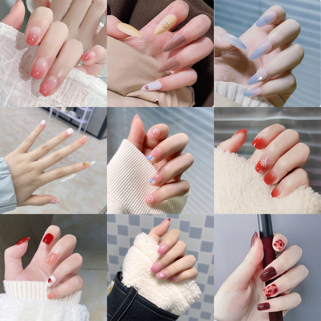 Nicaali Fake Nails And Glue Paste Plain Pastel Color Simple Elegant ...