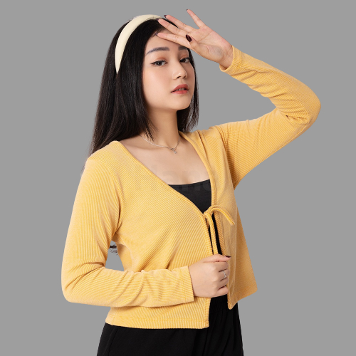 Rib Knit Cardigan Crop Cardigan Front Strap Long Sleeve Korean Style ...