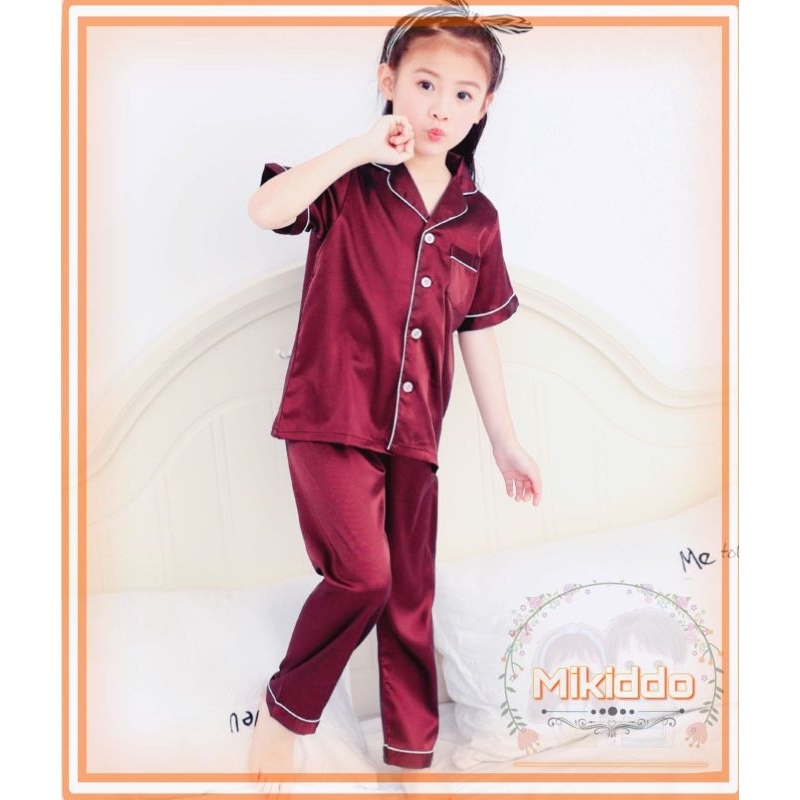 MAROON satin silky plain children's pajama set with short sleeves and ...