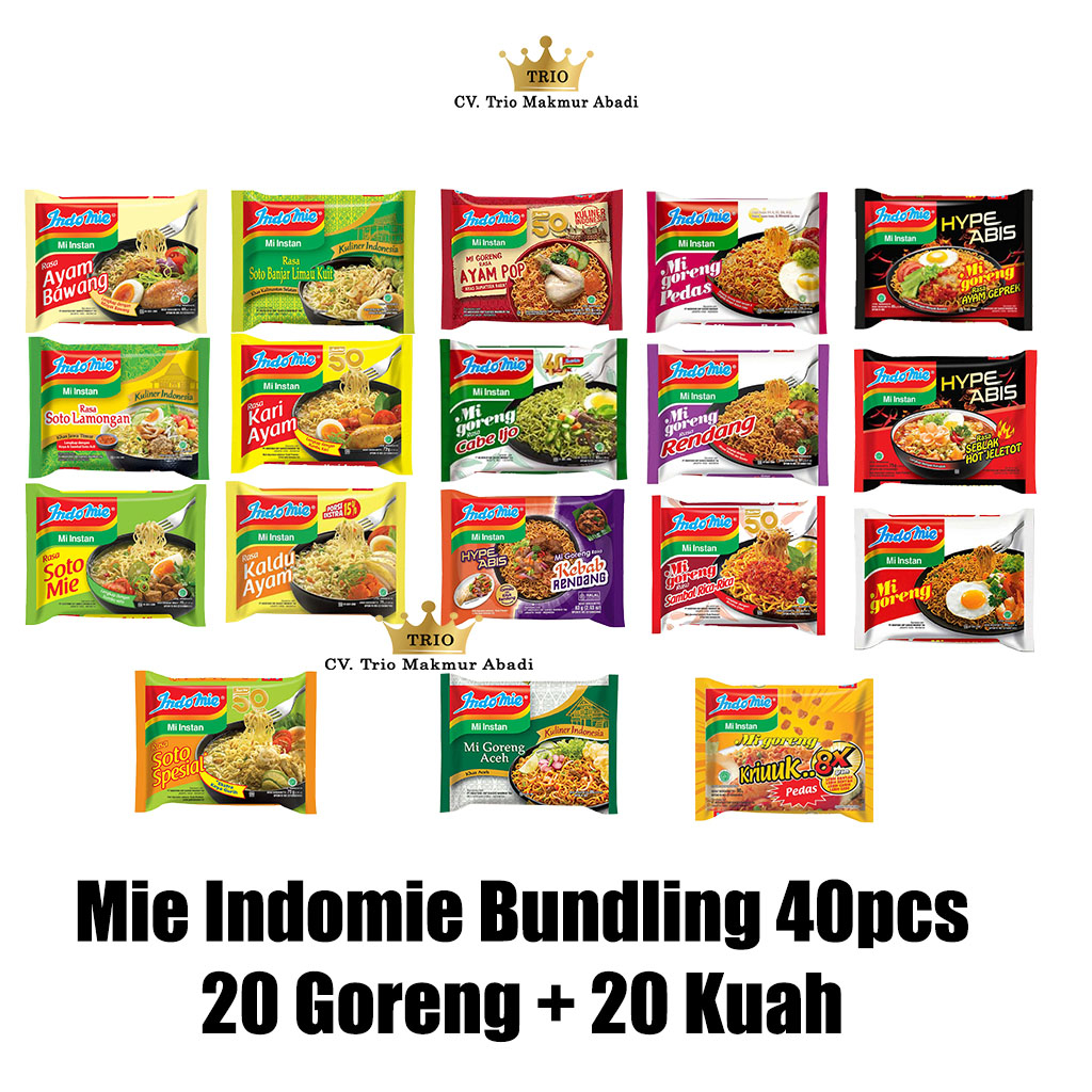 Indomie Bundling 40 pcs Mix variant 2 flavors (20 Fried + 20 Gravy ...