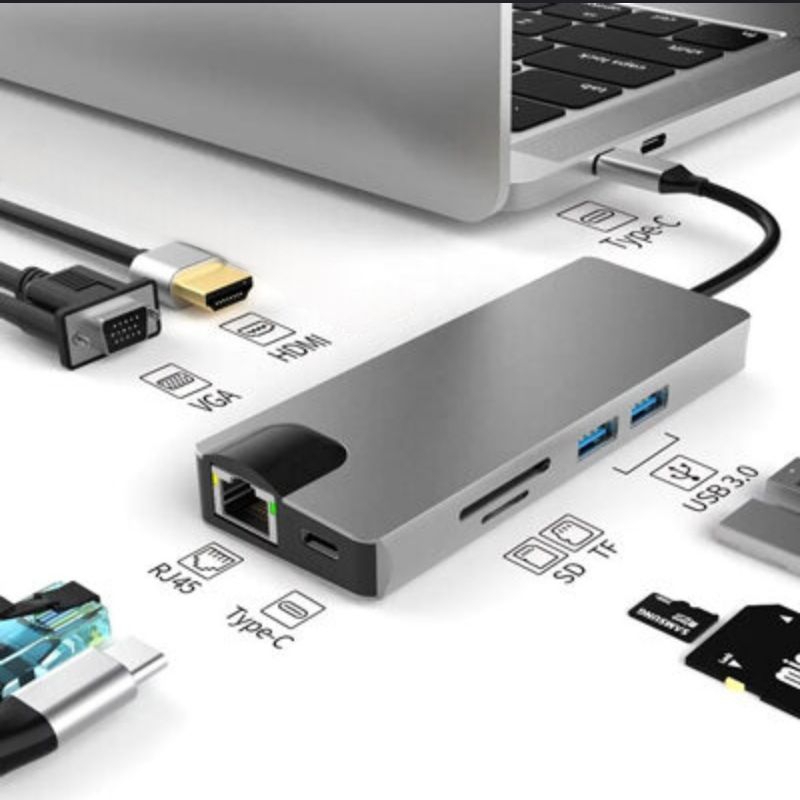Usb Type C to 8 in 1 (HDMI,VGA,LAN,Card Reader,USB 3.0,Type C) | Shopee ...