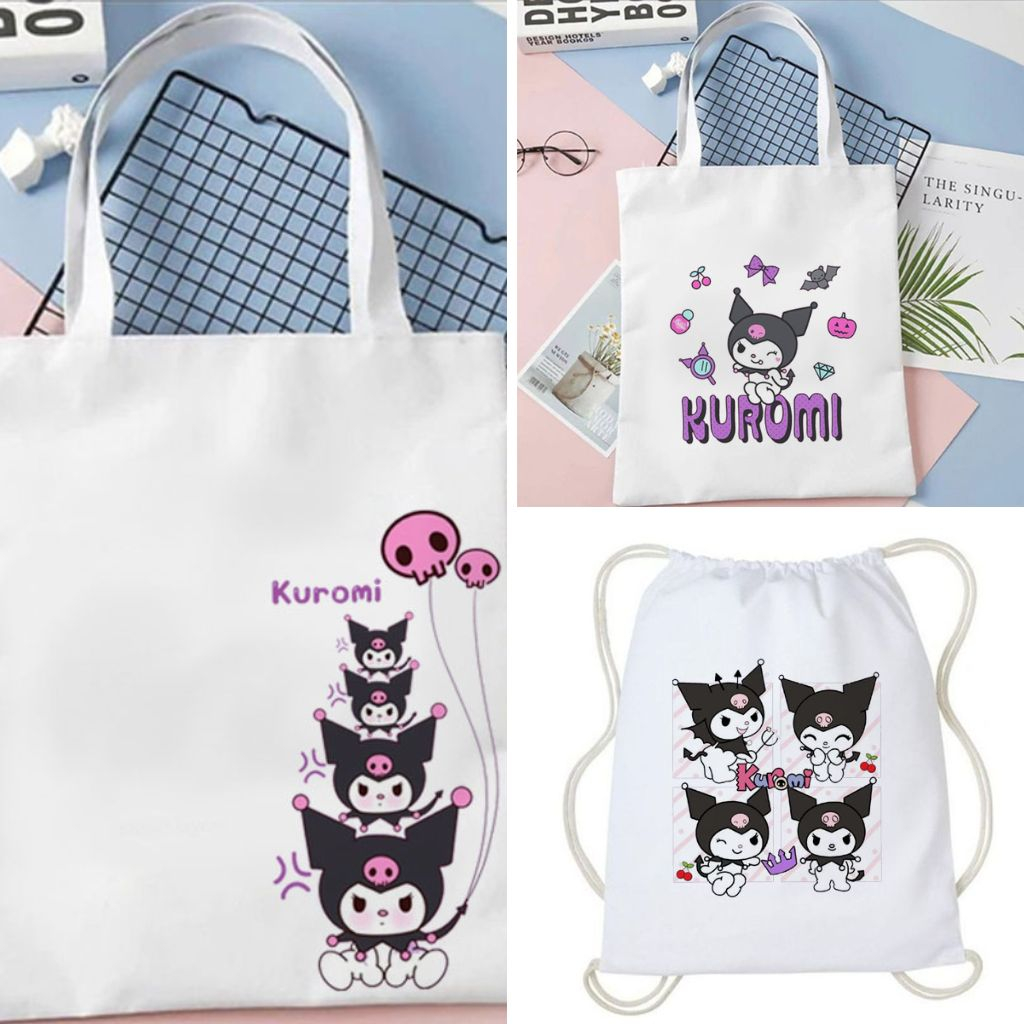 Totebag Drawstring Bag Kuromi Sanrio Cute String Bag Canvas Women ...