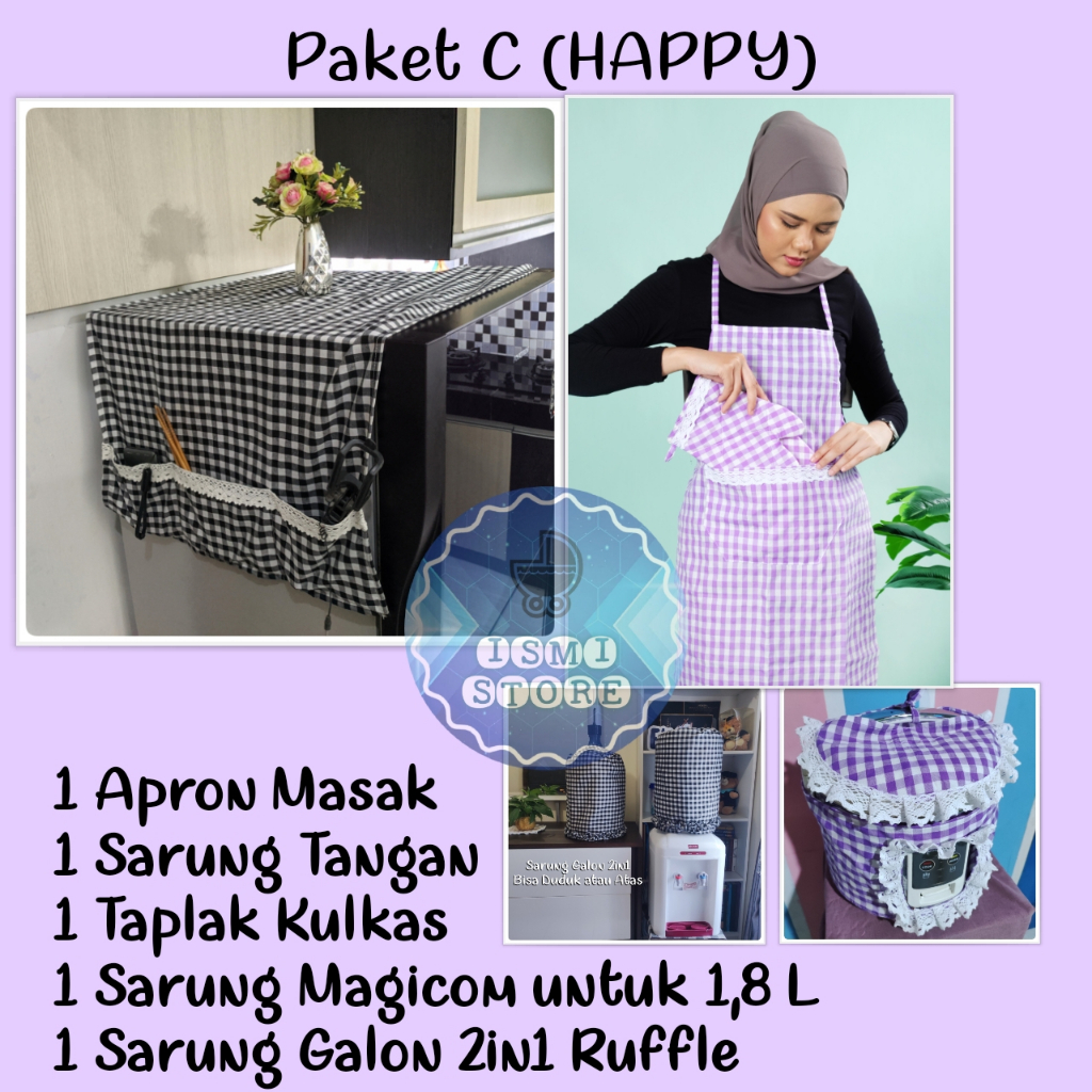 Savings Package C (HAPPY) Apron A1 Gloves Refrigerator Cloth Gallon Cover 2in1 Ruffle Magicom ...