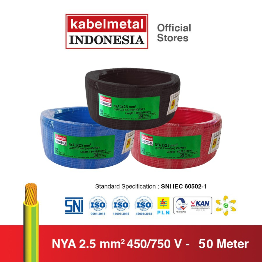 Indonesian metal cable - NYA 2.5 mm cable 50 meters of KMI SNI ...