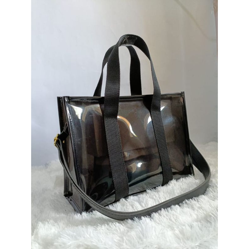 Black PVC mica bag with zipper, trendy bag, transparent bag, can be ...