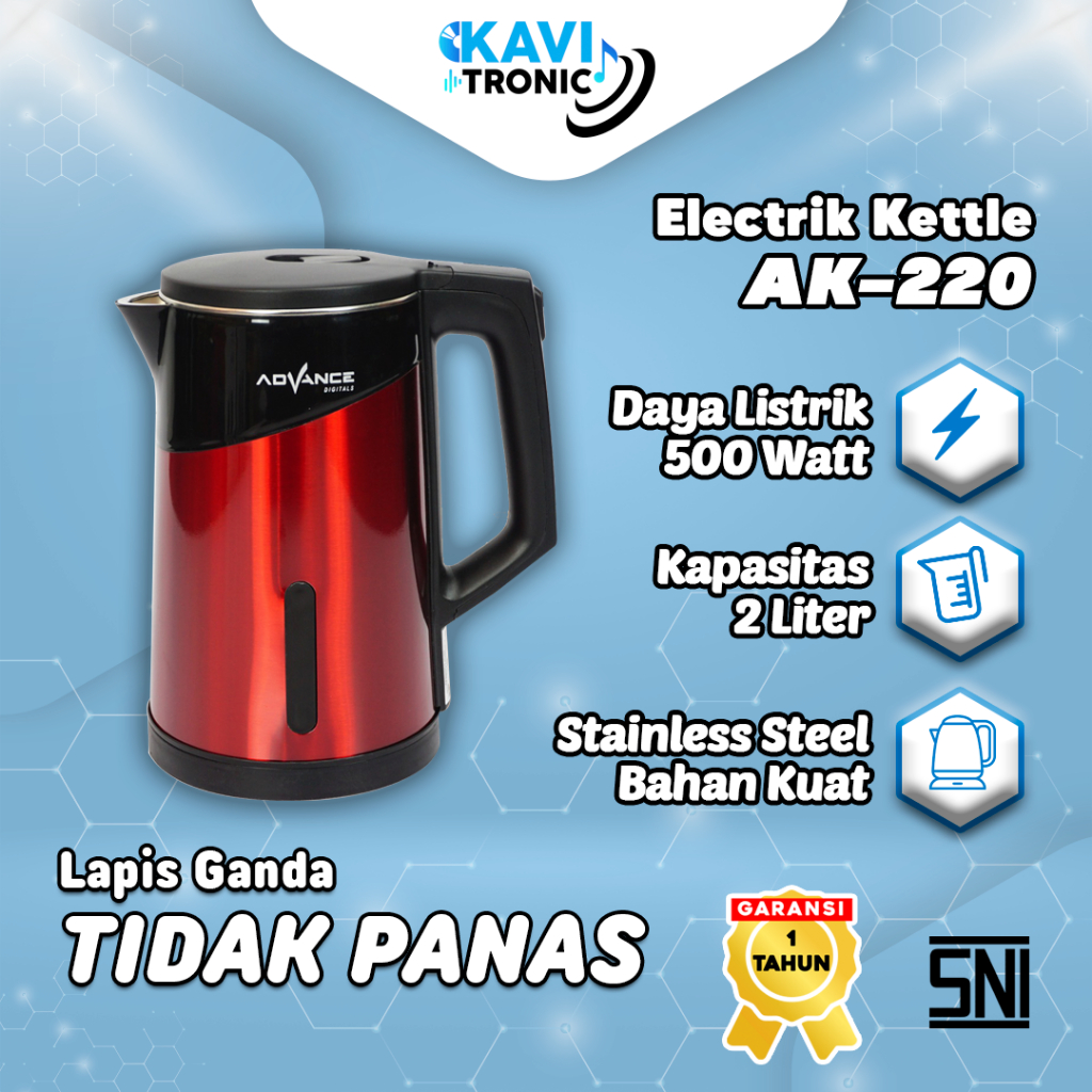 Advance AK-220 Electric Teapot 2 Liter Capacity Stainless Steel 304 Food Grade Water Heater Safe ...