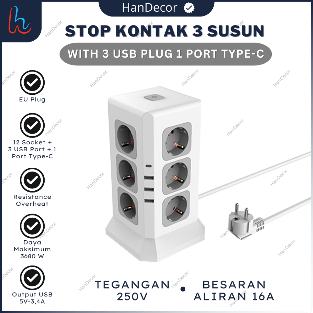 SMART PLUG 3-LAYER VERTICAL PLUG 2-METER CABLE | 3-Tier USB TYPE C ...