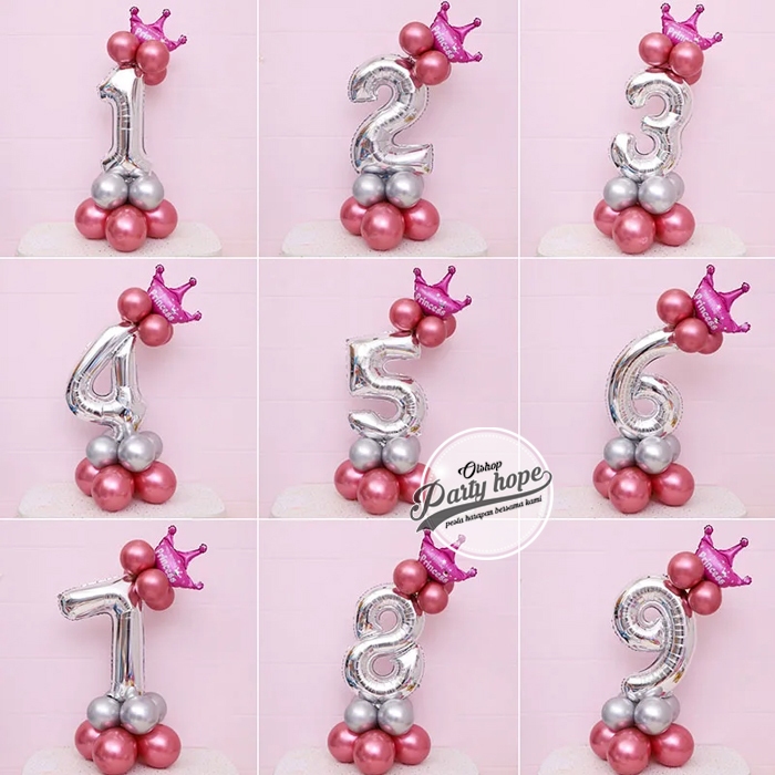 Standing Balloons silver Numbers 80cm crown princess pink/standing ...