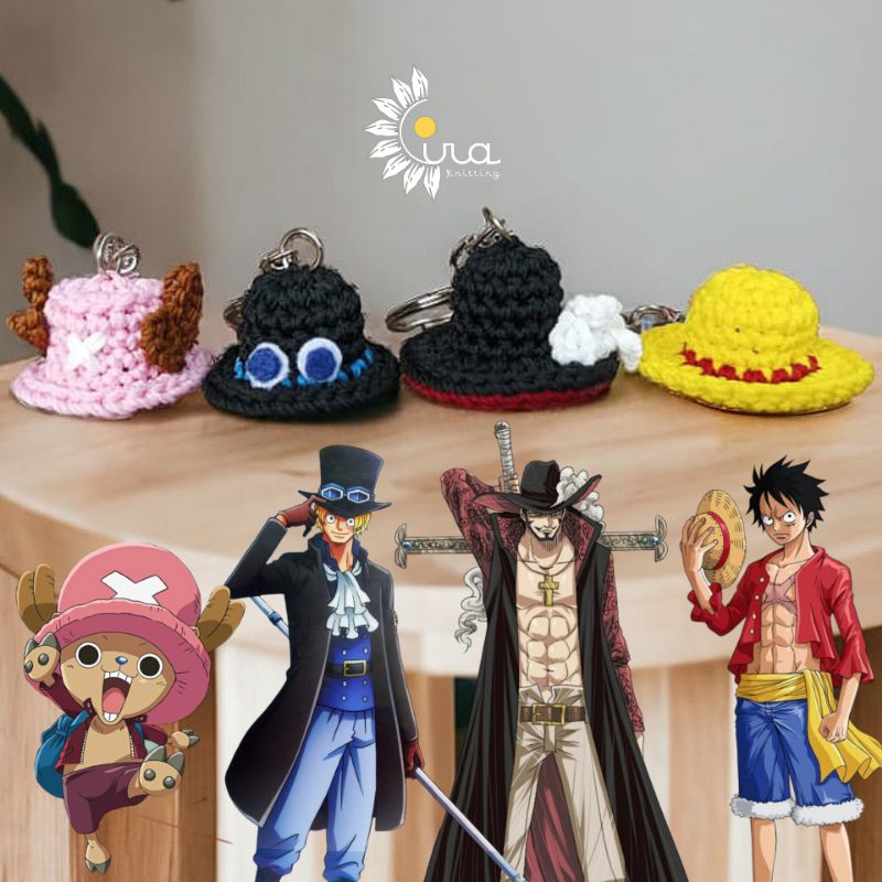 GANTUNGAN One piece anime hat keychain Luffy sobo coper mihawk knit ...