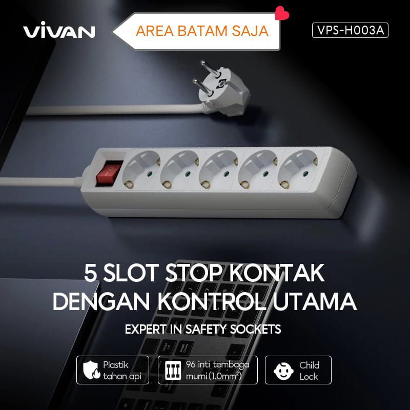 Vivan VPS-H003A Socket Switch 5 Slots Pure Copper Core Cable Fireproof ...