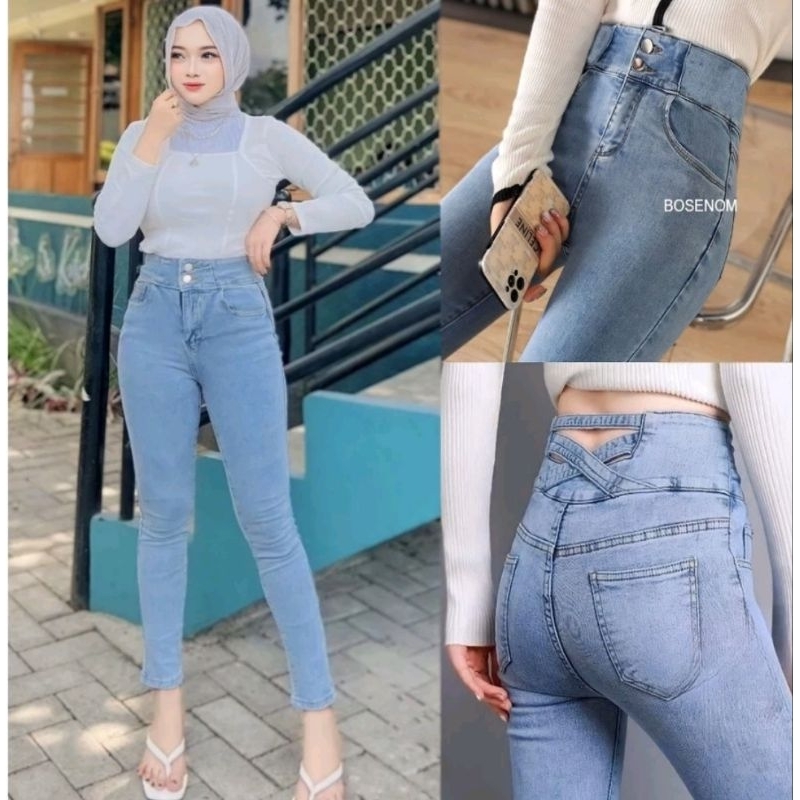 Skinny Jeans with 2 Buttons Cross Back Model/Stretchy Jeans HW Pencil Korean Street J23 | Shopee ...