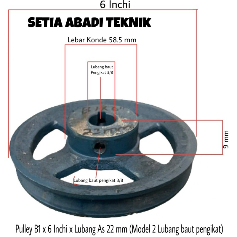 Pulley B1 x 6 inches x Axle hole 22 mm (2 hole fastener bolt Model ...