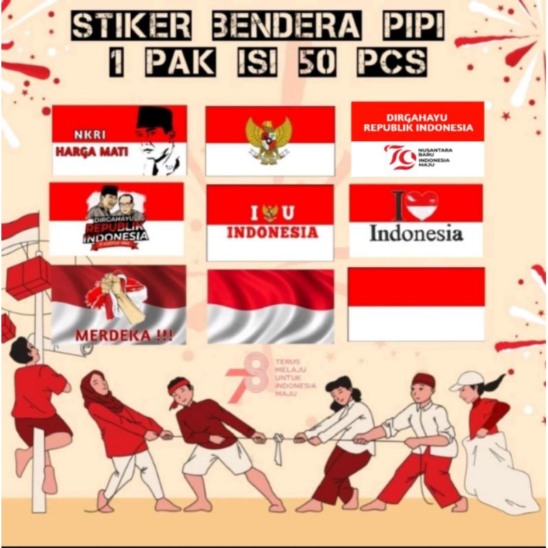 MERAH PUTIH 79th Red And White Cheek Flag Stickers per 1 Sheet Of 50pcs ...