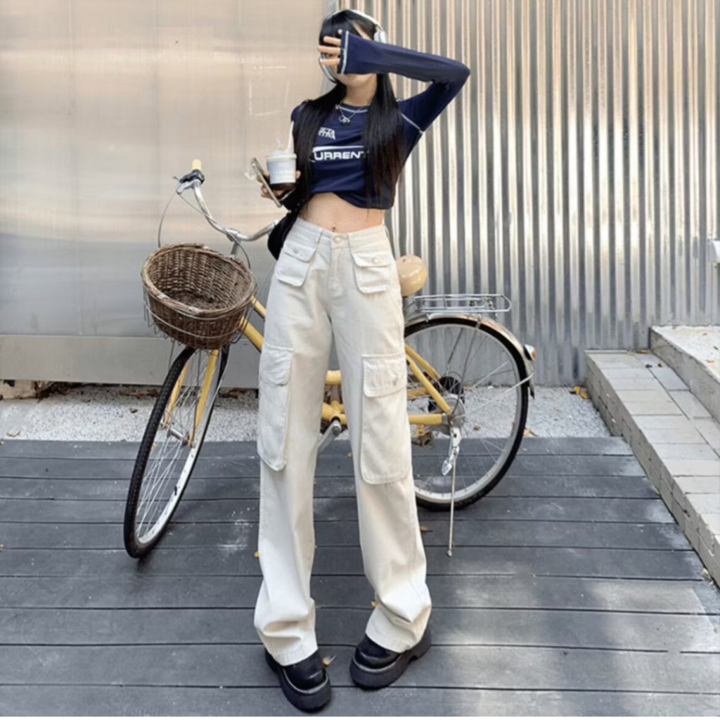 PUTIH Bj Store Cargo Denim White Sand Highwaist Loose Jeans Korean ...