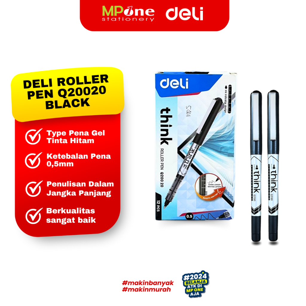 HITAM (1 Pcs) DELI Roller Pen Gel Pen Q20020 Black 0.5mm / DELI Thick ...