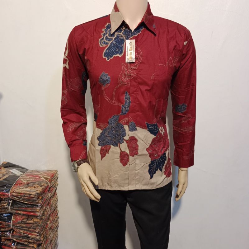 MAWAR KEMEJA MERAH Original maroon rose batik shirt arta super batik ...