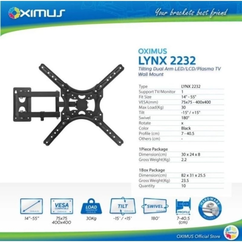 Oximus LYNX 2232 14" UP TO 55" LED TV BRACKET WALL MOUNT TILT | Shopee ...