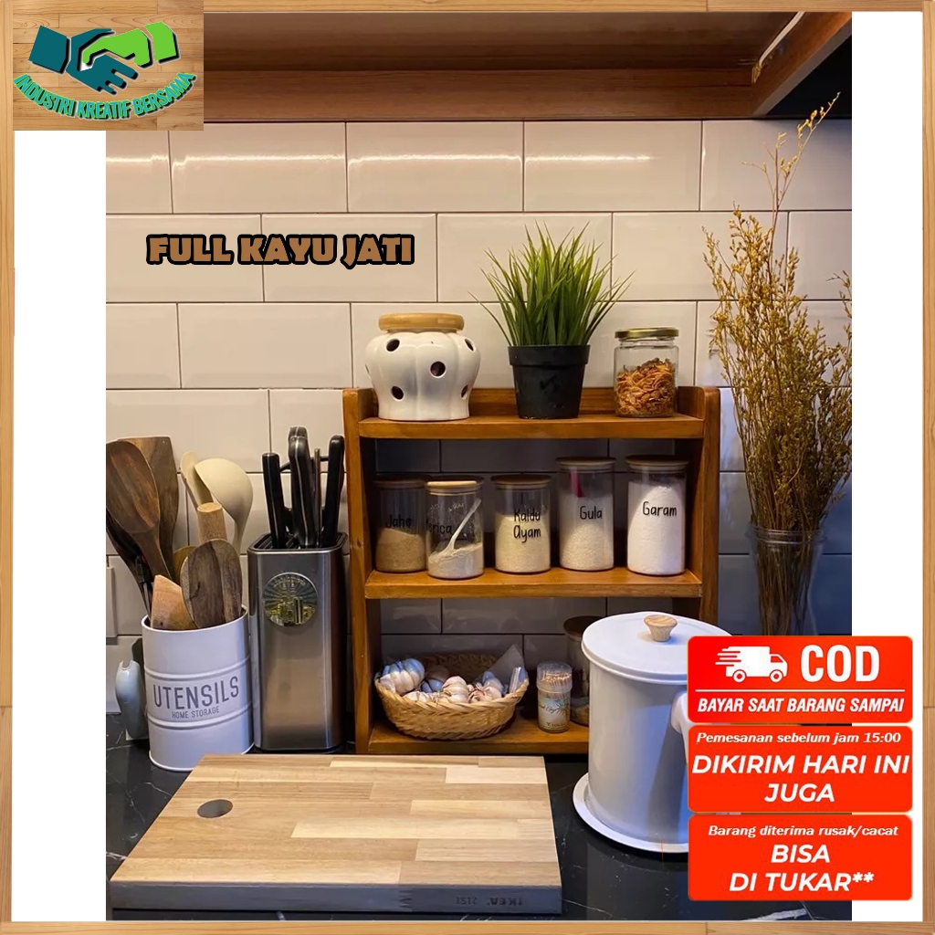 3 tier kitchen spice rack Teak wood plank spice rack Multi-purpose rack ...