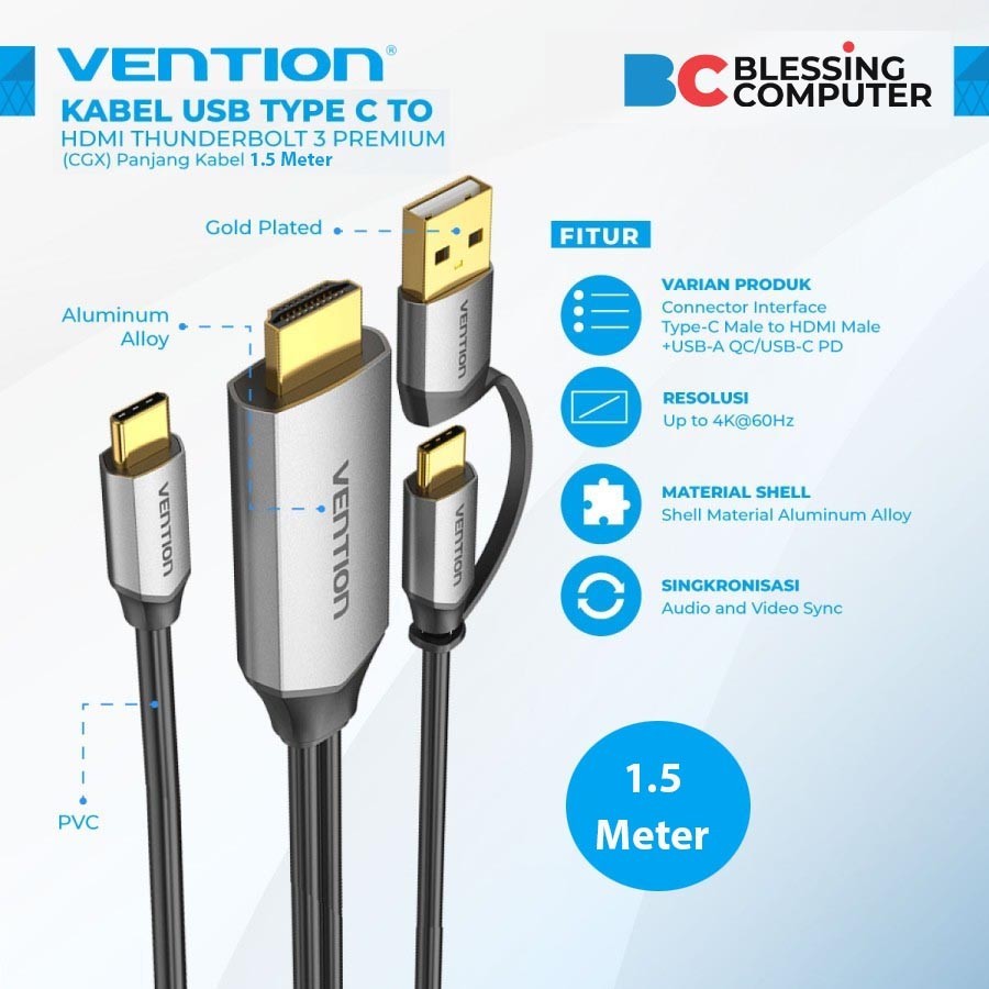 VENTION CGX USB Type C 3.1 to HDMI Powerline Grey 1.5M Cable | Shopee ...