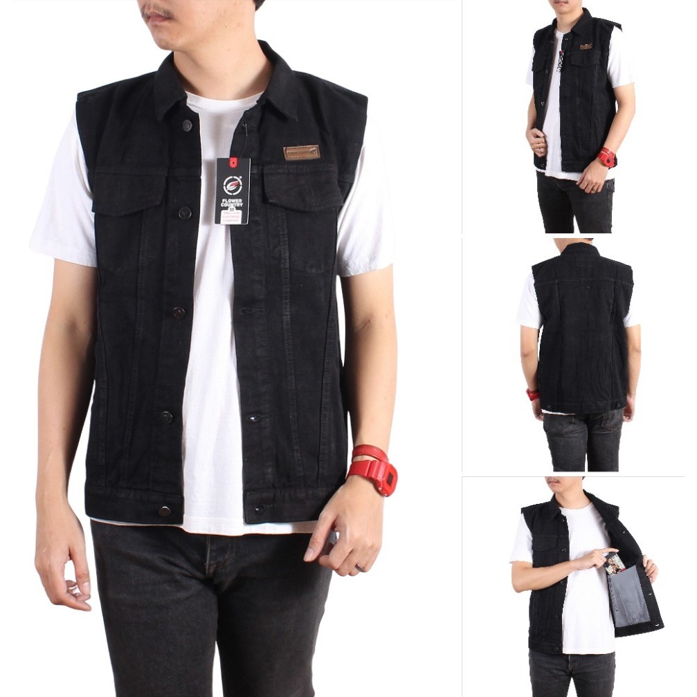 HITAM Men's Black Jeans Vest - Denim Collar Vest Jacket Distro Original ...