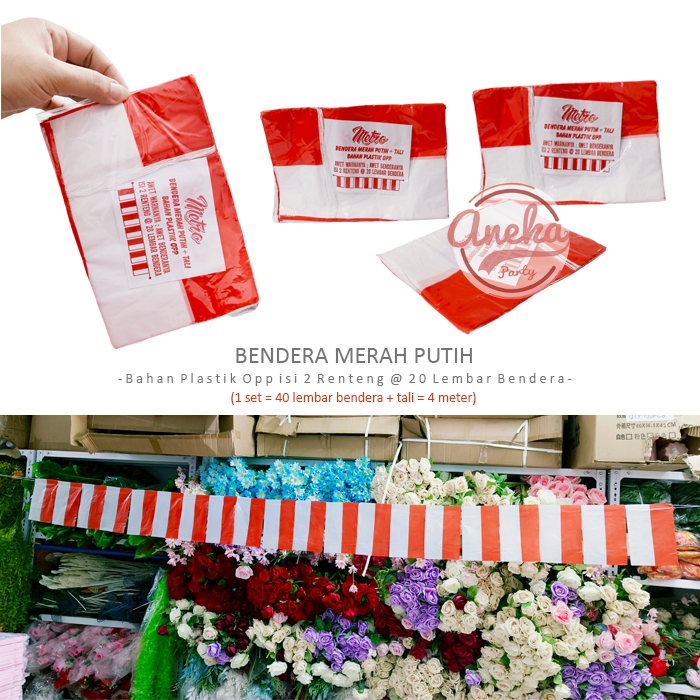 MERAH PUTIH Contents Of 10 Red And White Plastic Flags+Rope/Anniversary ...