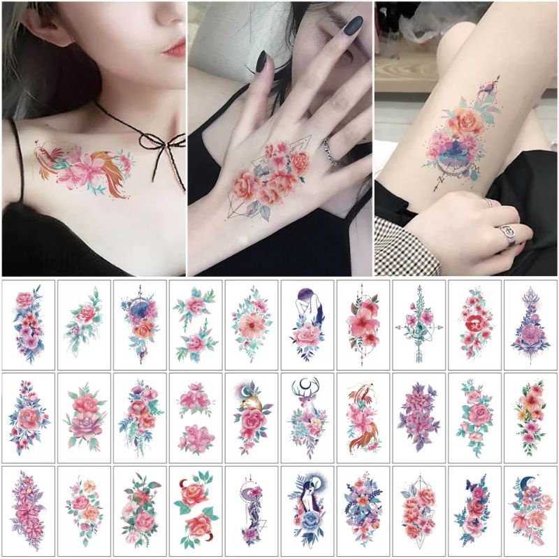 30pcs Cute Aesthetic Tattoos - Colored Flower temporary Tattoos, Adult ...