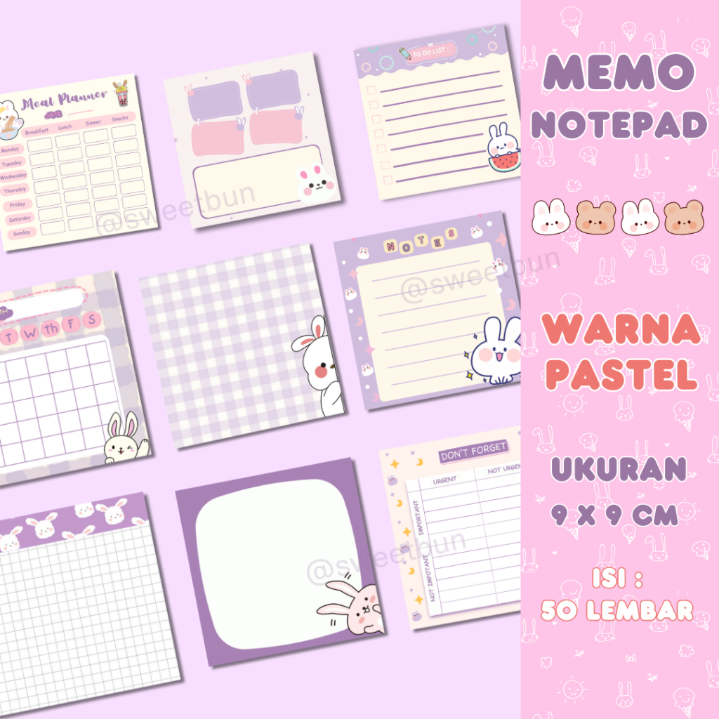 Pastel Bunny Color Notepad Paper Memo Not Sticky Note - Stationery ...