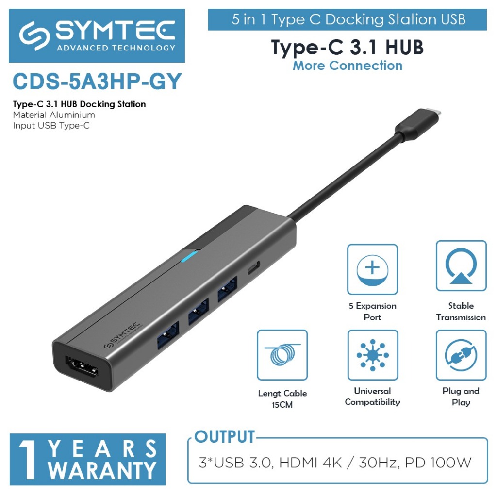 Symtec 5in1 Type C Hub USB 3.0 HDMI 4K30Hz PD100W - CDS-5A3HP | Shopee ...