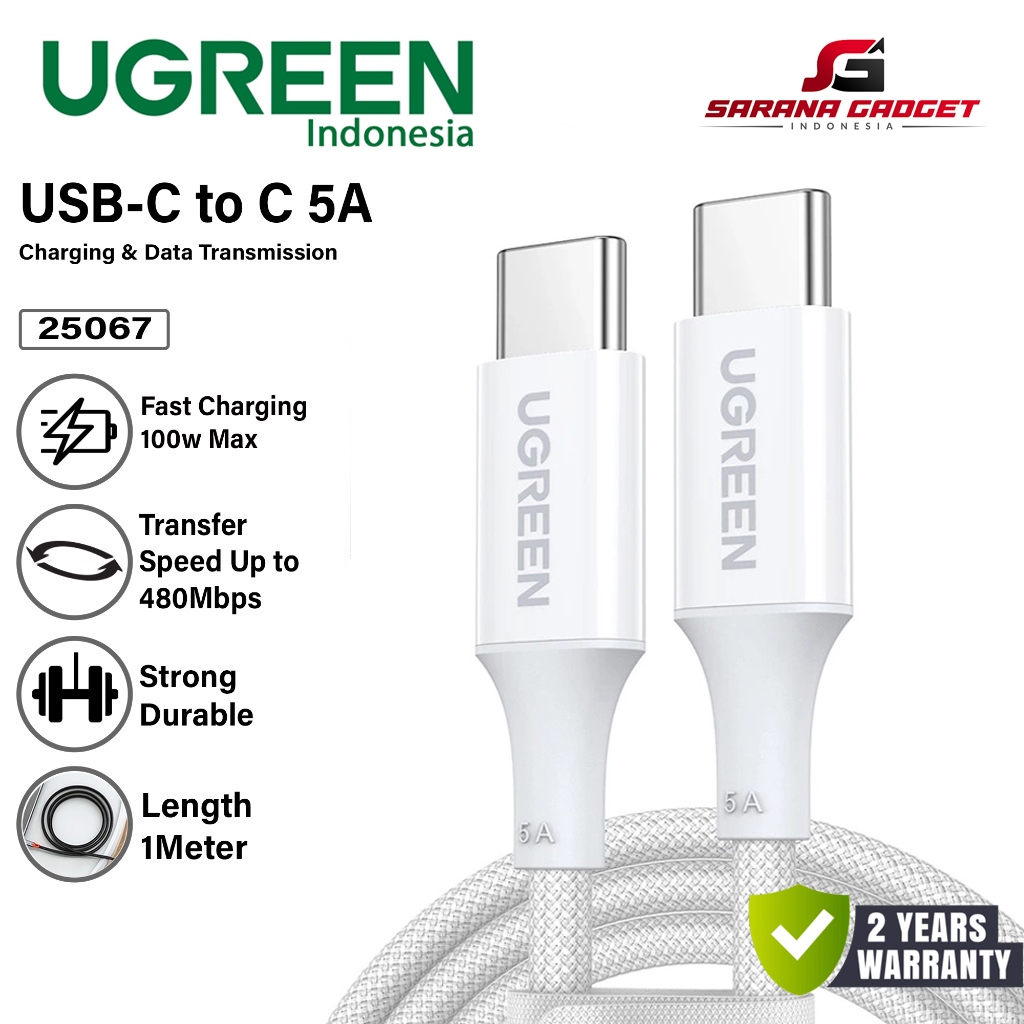 Ugreen 25067 NYLON Data Cable TYPE C TO TYPE C 100W 5A Super Fast ...
