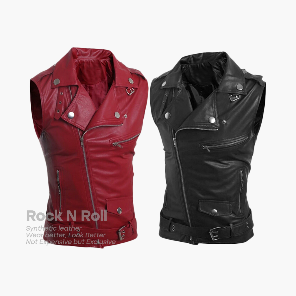 HITAM MERAH Wj Stuff - Men's Synthetic Leather Vest Rock n Roll Vest ...
