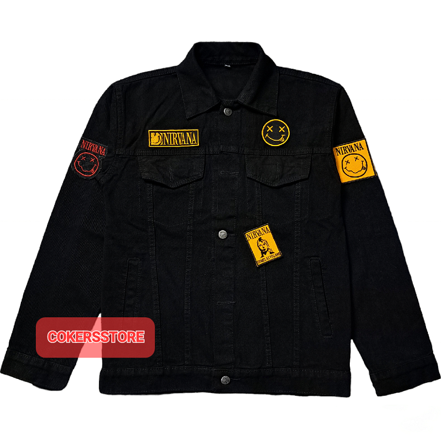 Men's Denim Jeans Jacket with Embroidered Emblem - NIRVANA BLACK ...